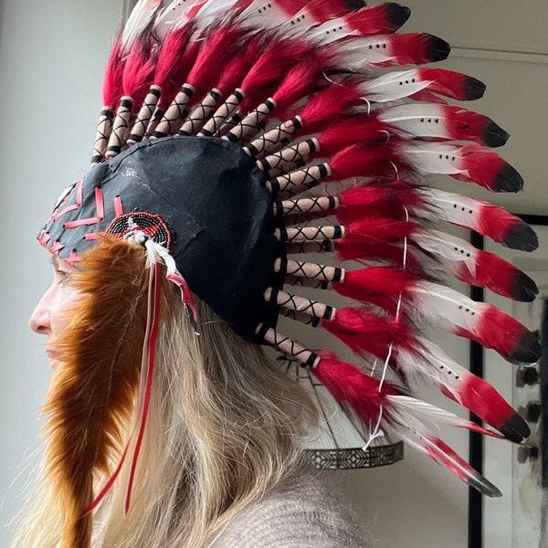 Short Red Indian Headdress Replica Made With Big Turkey Feathers and ...
