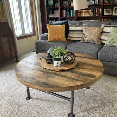 Reclaimed Distressed Round Coffee Table. Heavy Duty Iron Pipe Legs ...