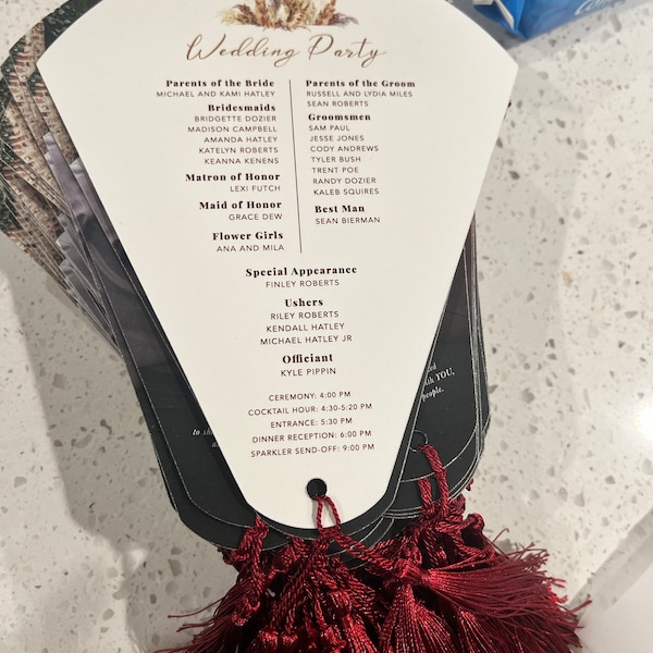 Debossed Olive Minimal Wedding Fan Program With Silky Tassels, Assembled Hand Fans for Wedding ...