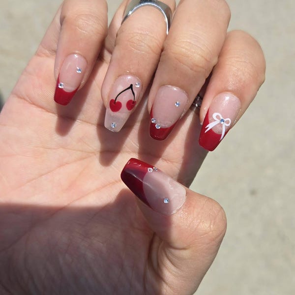 Red Cherry French Tips White Bow Nails |handmade Press on Nails ...