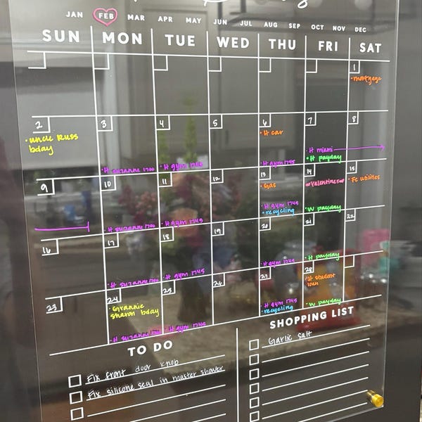 Acrylic Dry Erase Monthly Calendar With Side Notes | Elegant Clear Wall ...