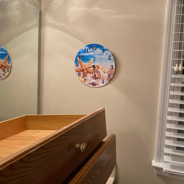 SEA SHELLS on BEACH Clock Sand Ocean Surf Clock Large 10.5 Inch Clock ...