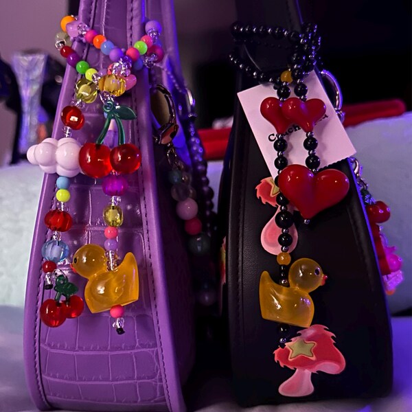 Classic Retro Cherry Beaded Bag Charm, Red Heart Beads Bag Charm ...