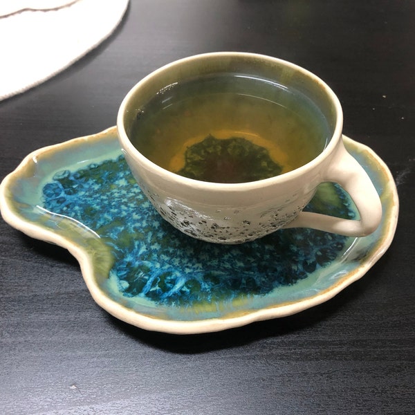 Green Rustic Tea Cup With Saucer Stoneware Cappuccino Cup Handmade ...