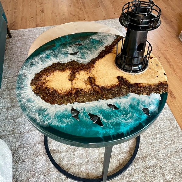 Resin Ocean Wave Coffee Table, Round Side Table, Beach Style Furniture ...