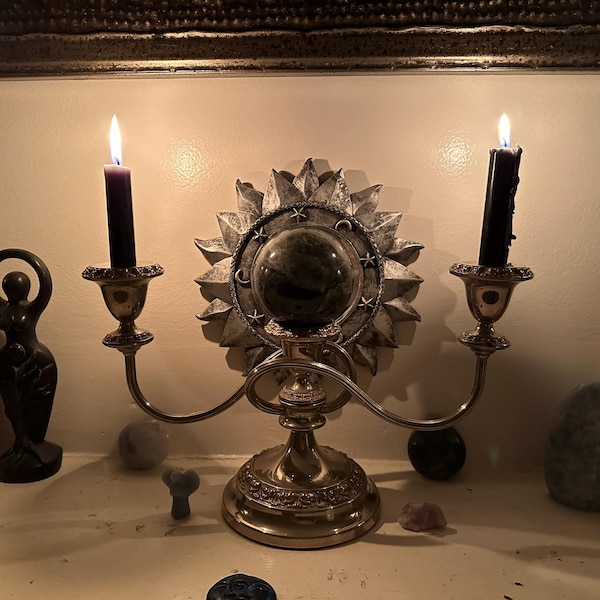 Edgar Cayce - Crystal Ball. Obsidian Scrying Orb on Antique Brass Stand ...