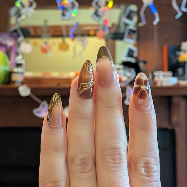 Whimsical Hand-painted Nail Art Set With Clocks, Music Notes, Apples ...