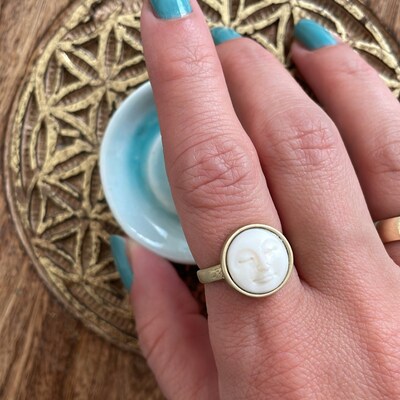Moon Face Ring. Hand Casted Full Moon in Brass Gold Setting. Gold ...