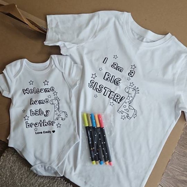 Personalised Colour in Baby Vest for Siblings. Colouring Sleepsuit ...