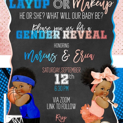 Layup or Makeup Gender Reveal Invitation Royal Blue and Rose Gold Pink ...