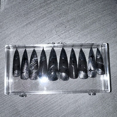 Black Stars Press on Nails, Black Coffin Nails, Custom Fake Nails, Handpainted False Nails ...