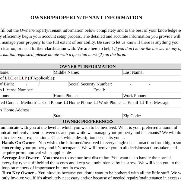 Owner, Property, & Tenant, Information Worksheet: Property Management ...
