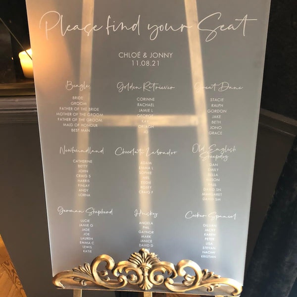 Frosted Acrylic Table Plan, Engraved Table Plan, Seating Chart, A0, A1 ...