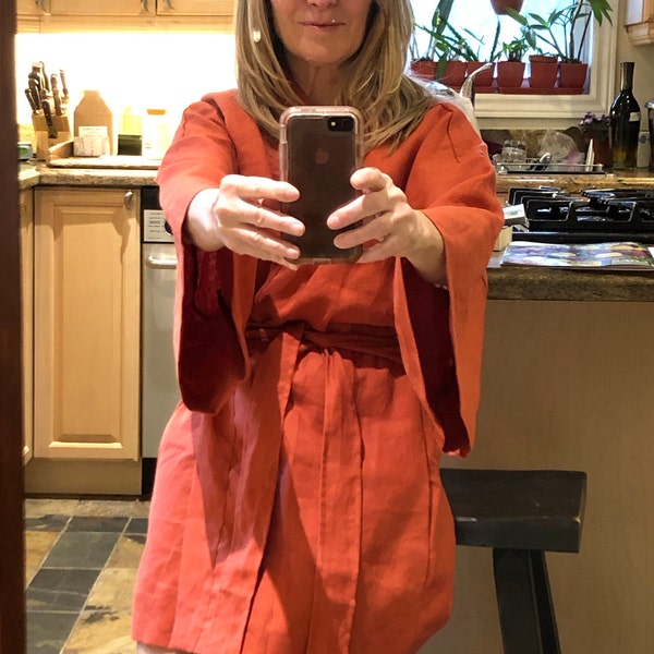 Linen Kimono Robe. Short Linen Robe. Soft Linen Lounge Wear. Washed ...