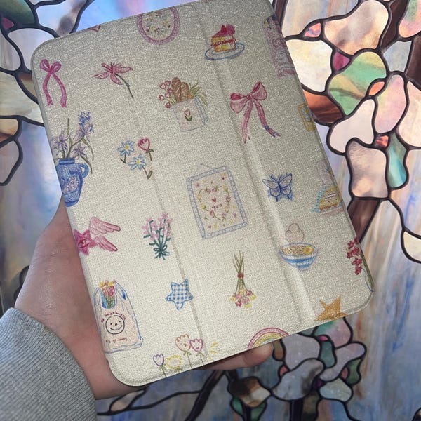 Pastel Bow and Ribbon Doodles iPad Case With Pencilholder Protective ...