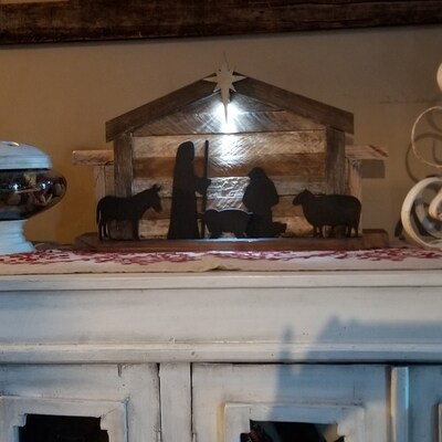Handmade Nativity Set, Rustic Manger Scene, Light up Christmas Decor ...