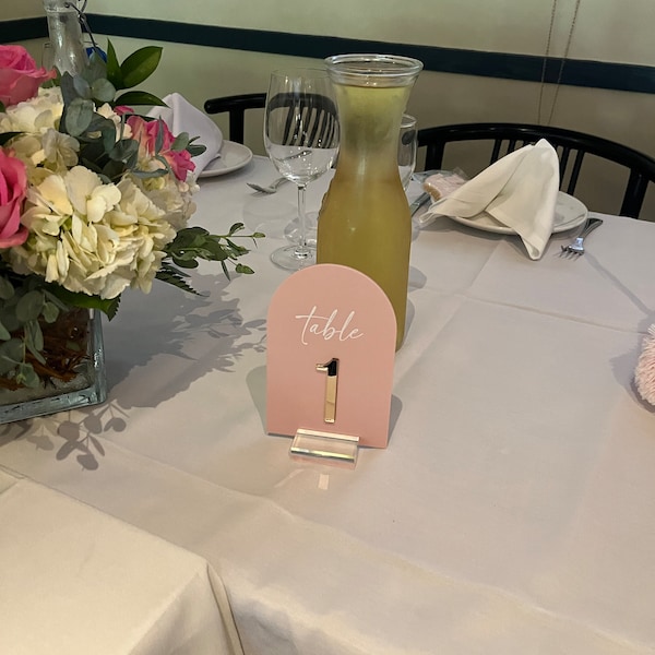 3D ARCH Acrylic Blush Dusty Blue and Gold Table Number Sign With Stands ...