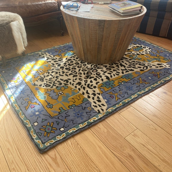 Hand Tufted Leopard Rug Floral Design Newziland Wool Large Area Rug 5X8 ...