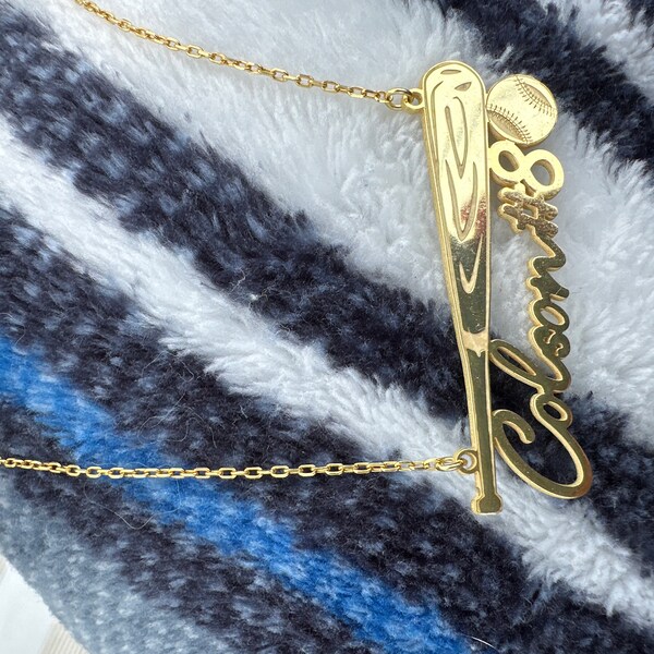 Baseball Bat Necklace, Custom Baseball Name Necklace, 14 K Gold ...