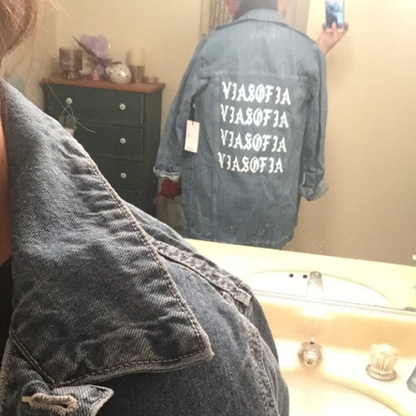 CUSTOM TEXT Long Oversized Denim Jacket Mid-wash Vintage Inspired and ...