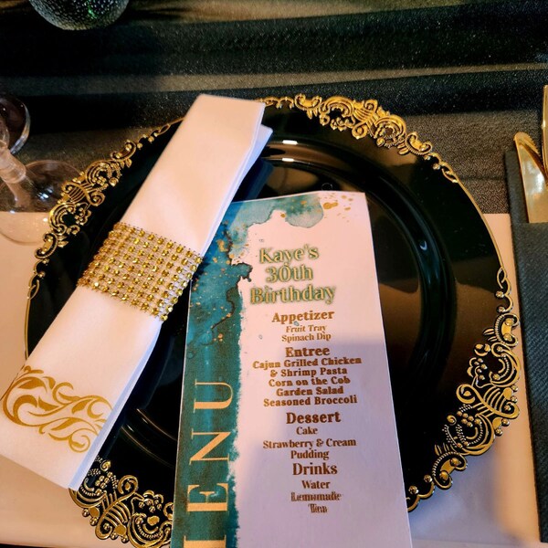 Birthday Menu Card, Emerald Green and Gold Party Table Menus Decor ...