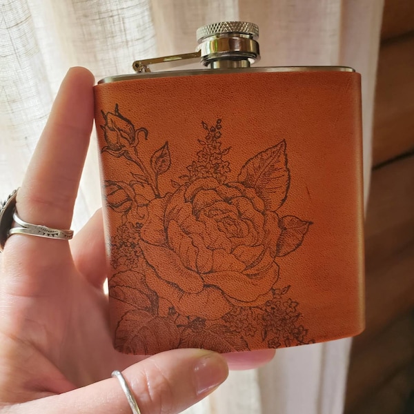 Rose Flower Stamped Flask, Elegant Leather Flask, Leather Flask, All ...