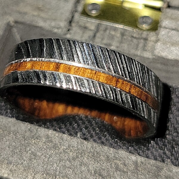 DAMASCUS Steel Ring DINOSAUR Fossil Wedding Band TURQUOISE Ring Man ...