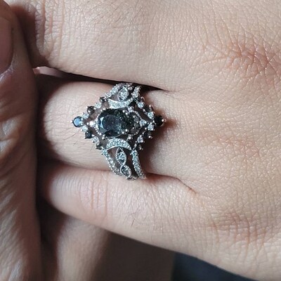Salt and Pepper Crystal Ring 3pcs White Gold Moon Engagement Ring Black ...