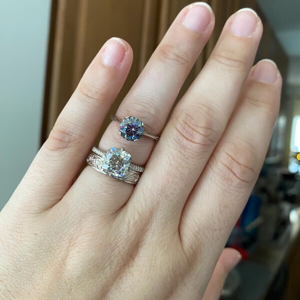 Vintage Three Stone Diamond Ring Portuguese Cut Moissanite Engagement ...