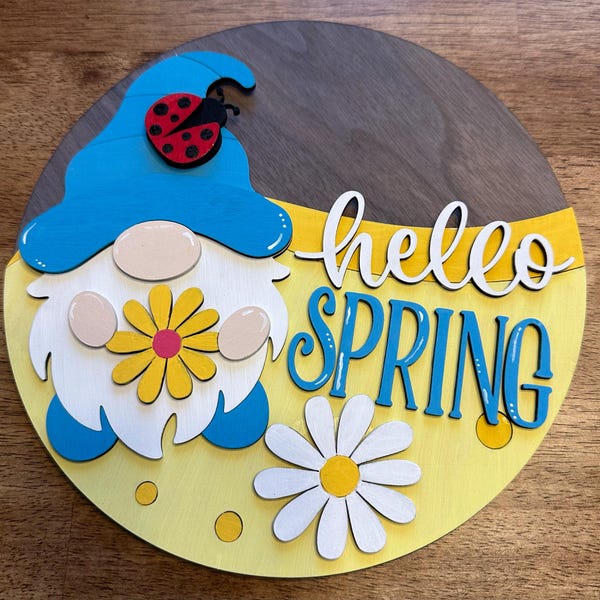 Hello Spring Gnome Door Hanger SVG - Spring Welcome Sign Svg - Spring ...