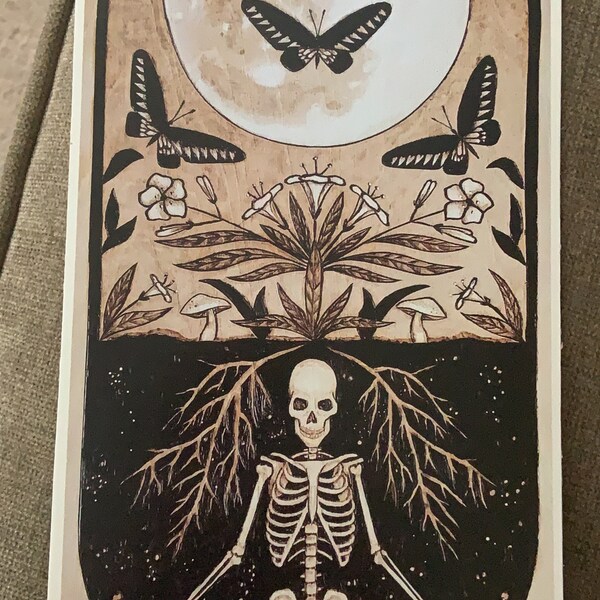 Art Prints Skeleton Meditating Art Nouveau Flower Design Pyrography ...