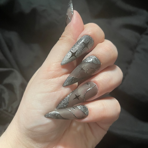 Black Stars Press on Nails, Black Coffin Nails, Custom Fake Nails, Handpainted False Nails ...