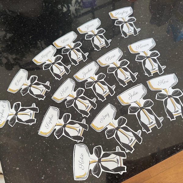 Personlised Champagne Glass Place Cards - Black Bow, Party Name Cards ...