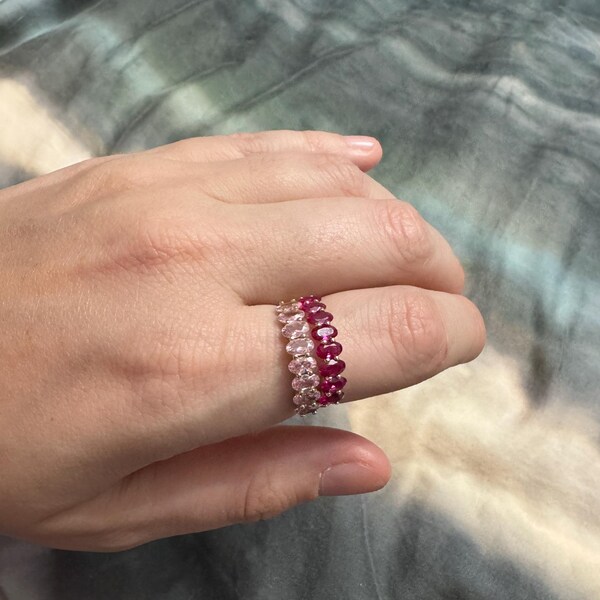 14K Solid Gold Ruby Ring, Oval Cut Half Eternity Ruby Ring, Stackable Natural Genuine Ruby Ring ...