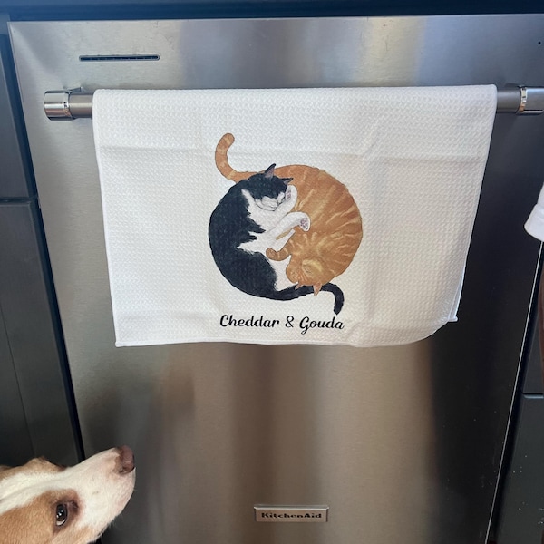 Personalized Cat Kitchen Towel, Unique Sleeping Black and Orange Cat ...