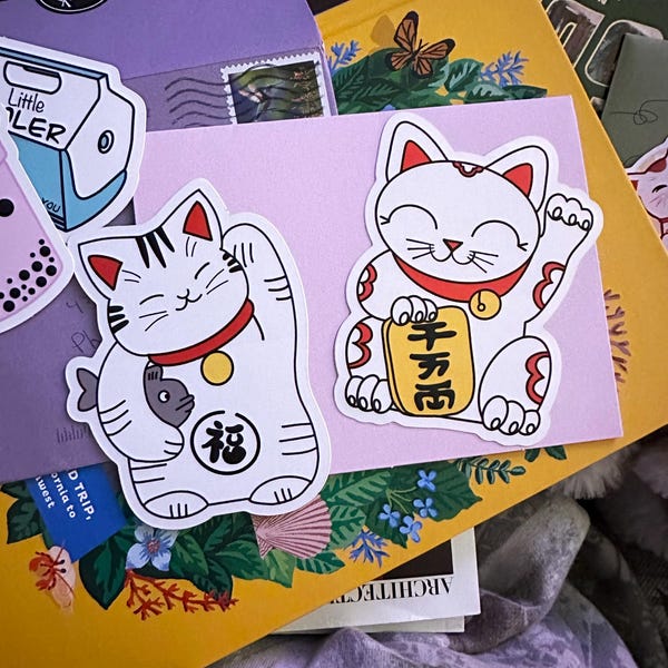 Lucky Cat Sticker Bundle, Laptop Waving Cats Stickers, Water Bottle ...
