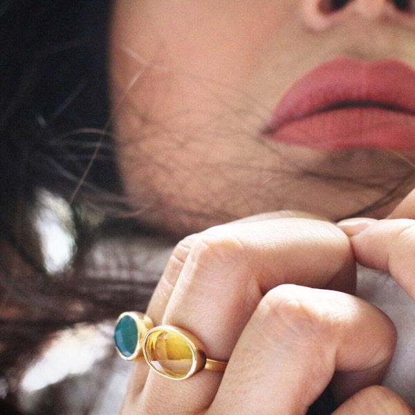 Brushed Gold Aquamarine Ring Bezel Set Oval Stacking Ring March Birthstone Ring Semiprecious ...