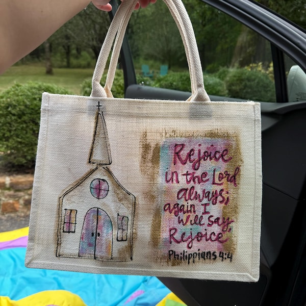 Chapel- Church- You Choose Bible Verse- Hand Painted Jute Canvas Tote ...