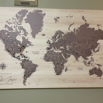Modern Wood Push Pin Map of World on Canvas With Personalized Legend ...