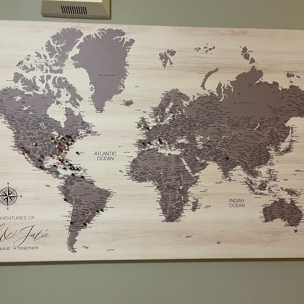 Modern Wood Push Pin Map of World on Canvas With Personalized Legend ...