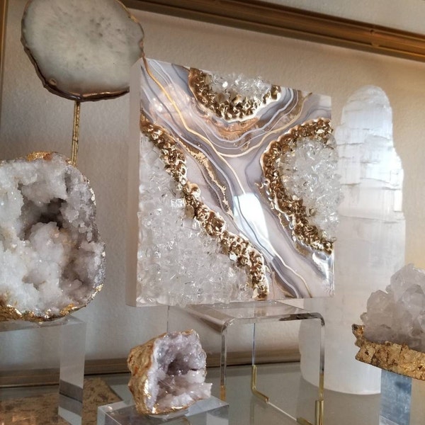 Resin Geode Art, White and Gold Geode Wall Art, 3D Geode Painting ...