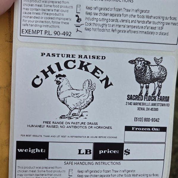 Chicken Poultry Custom Processing Label Pl 90-492 EXEMPT Pasture Raised ...
