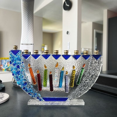 Blue Shards Shabbat Candle Sticks, Sabbath Upright Glass Candle Holders ...