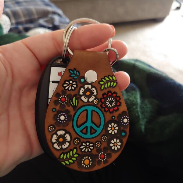 Peace Sign Floral Leather Key Ring - Hand Painted and Hand Stamped ...
