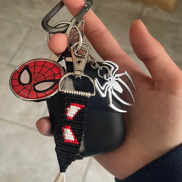 Handmade Spiderman Keychain ( Black White Red Knitted Braided Woven ...