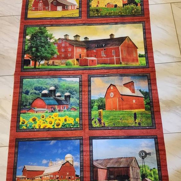 Barn Fabric, Fabric Panel, Country Barns Panel, the Land I Love, Red ...