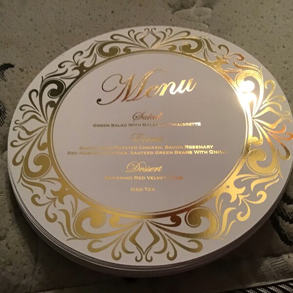 Gold Round Menu Cards, White and Gold Art Deco Circle Menu Card ...