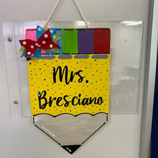 Personalized TEACHER PENCIL SIGN Name Plaque School Class Rainbow ...