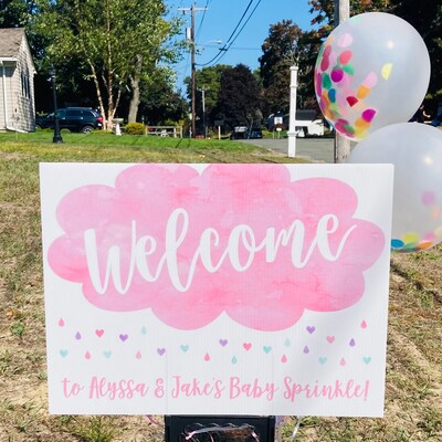 Pink Baby Sprinkle Welcome Sign, Rain Cloud Baby Shower Welcome, Girl ...