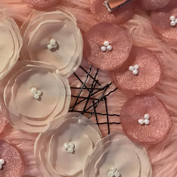 Hair Pins With Satin and Organza Flowers, Handmade Fabric Flower Bobby ...